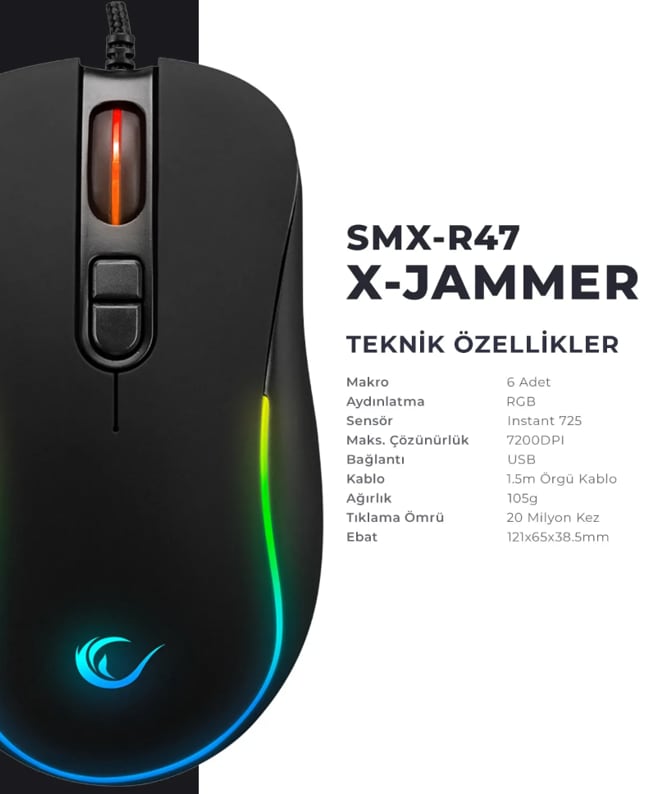 Rampage SMX-R47 X-JAMMER RGB Makrolu Ergonomik Optik Kablolu Oyuncu ...