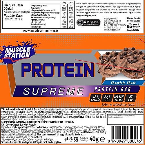 Muscle Station Supreme Çikolata Parçacıklı 40 gr Protein Bar Fiyatları ...